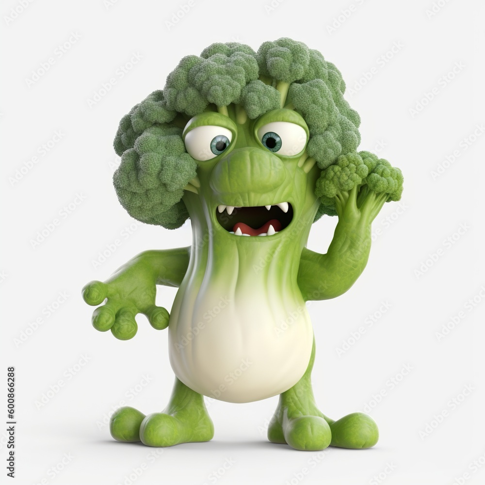 3d illustration of an angry broccoli cartoon character, a scary fruit monster with big eyes on a ...