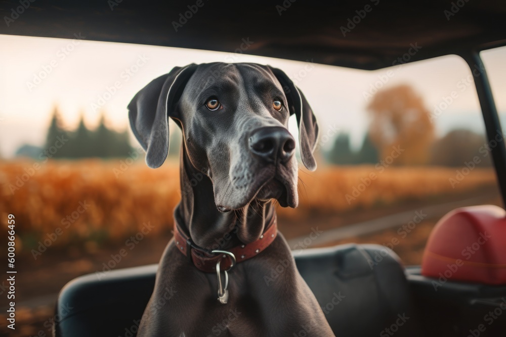 Medium shot portrait photography of a curious great dane riding in a ...