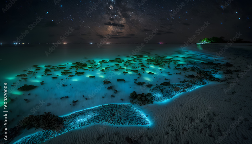 Bio luminescence blue light. Illumination of plankton at sand beach ...