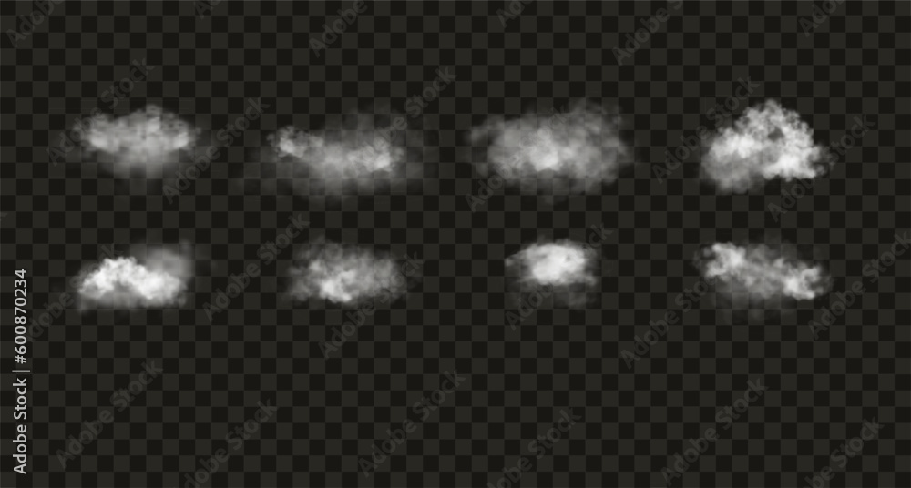 Set of various cloudy effect. Vector illustration. Realistic smoke, fog ...