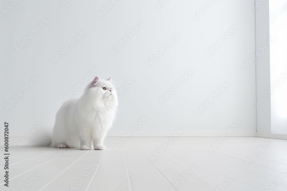 Full-length portrait photography of a smiling persian cat paw-licking ...