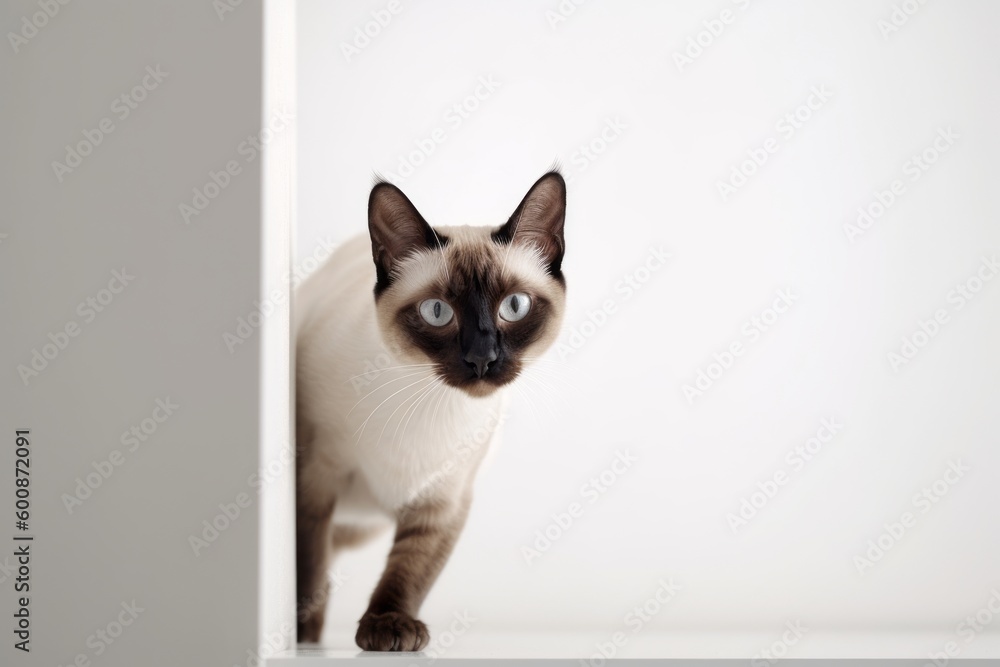 Full-length portrait photography of a smiling siamese cat climbing ...