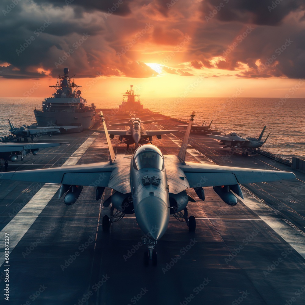 Fighter jets starting from an aircraft carrier at sea on sunset created ...