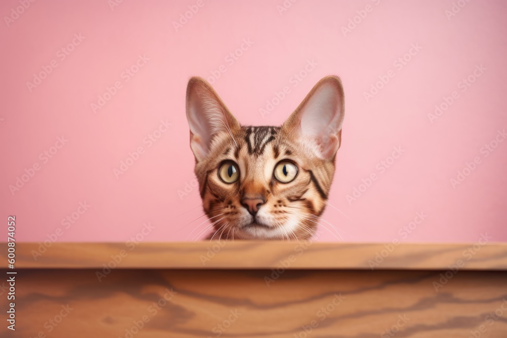 Lifestyle portrait photography of a scared bengal cat wall climbing ...