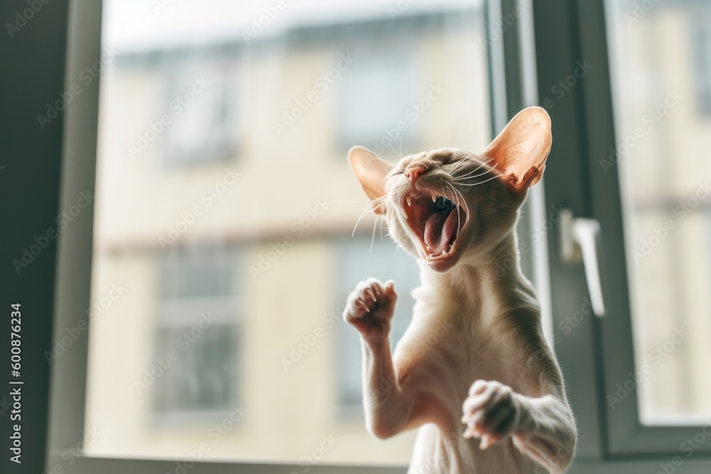 Lifestyle portrait photography of an angry cornish rex cat kneading ...