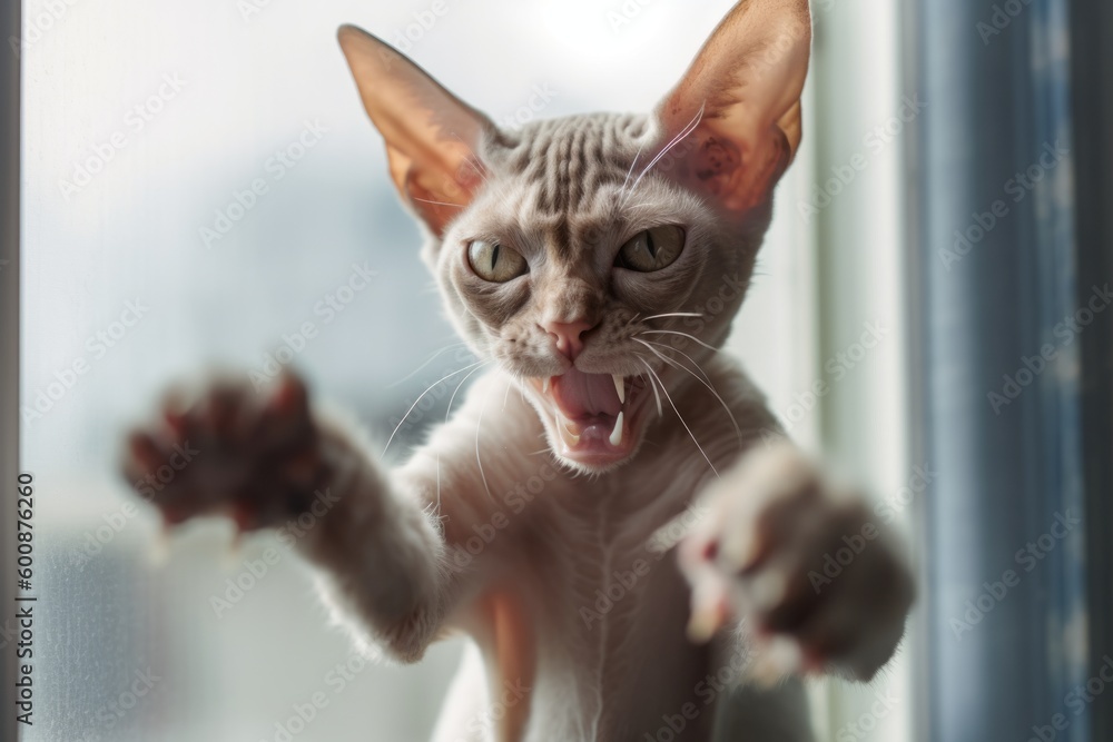 Lifestyle portrait photography of an angry cornish rex cat kneading ...