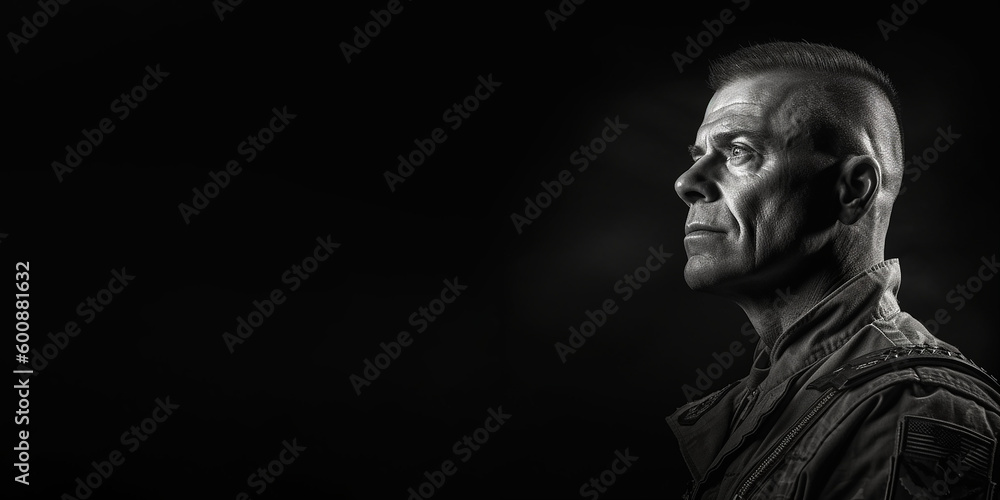 Black and white photorealistic studio portrait of a military veteran on ...