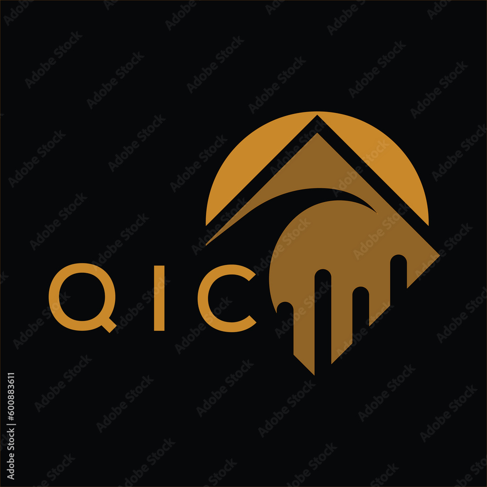 QIC golden color letter logo. QIC golden image on black background ...