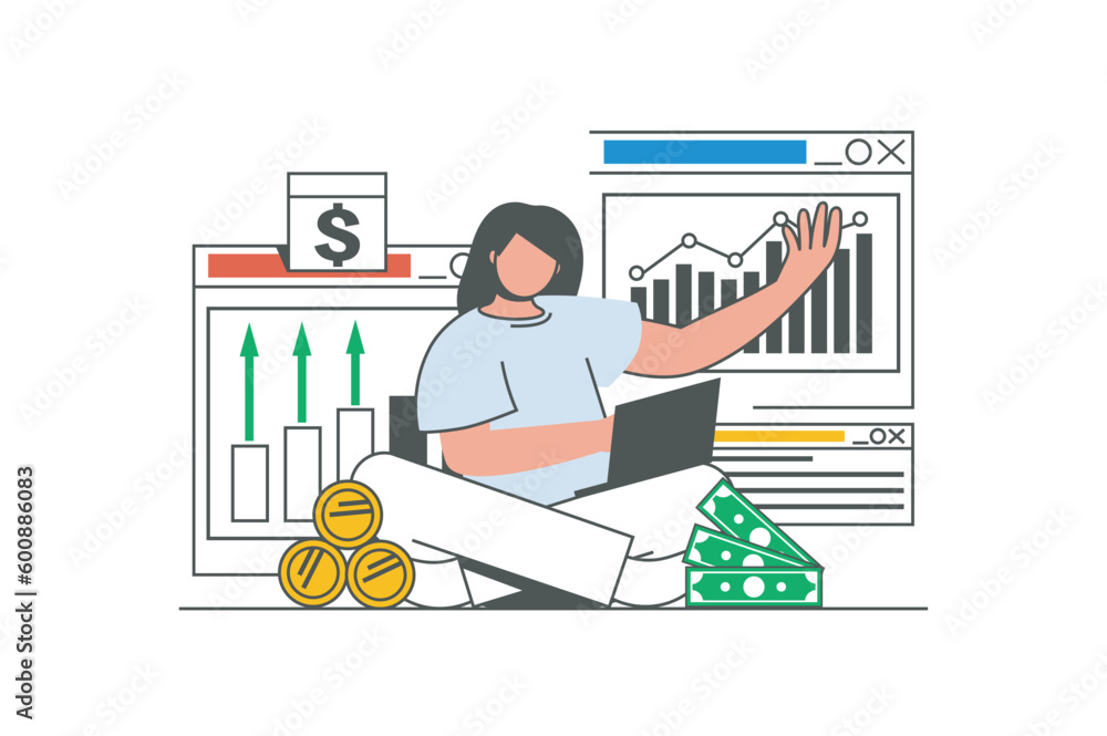 Financial budget outline web concept with character scene. Woman ...