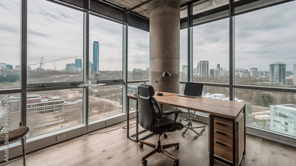 Contemporary loft office with unobstructed views of the city skyline ...