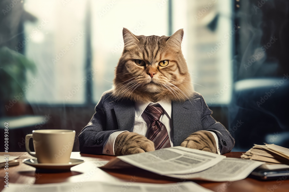 Funny cat dressed as businessman, wearing formal suit and tie, sitting ...
