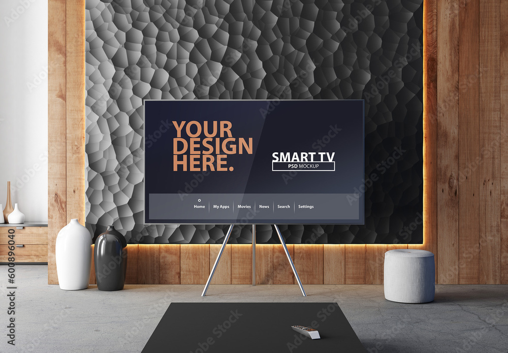 Smart Tv Mockup on metal stand in modern living room with wooden wall ...