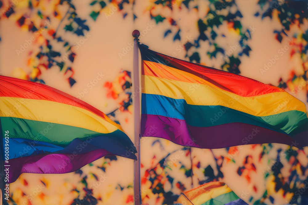 The piece uses a vibrant color palette inspired by the rainbow flag ...