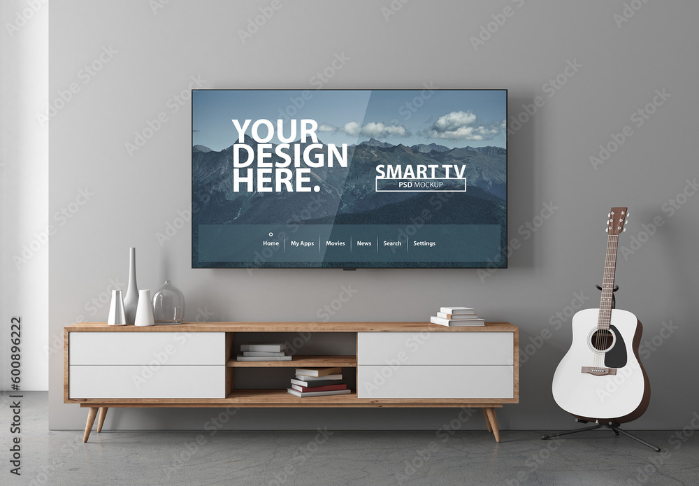 Smart Tv mock up with white acoustic guitar in modern room Stock ...