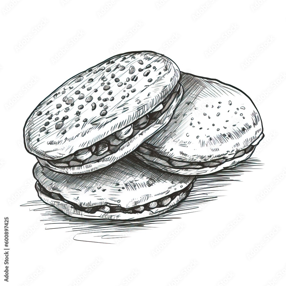 A hand drawn sketch of a stack of arepas in black and white texture ...