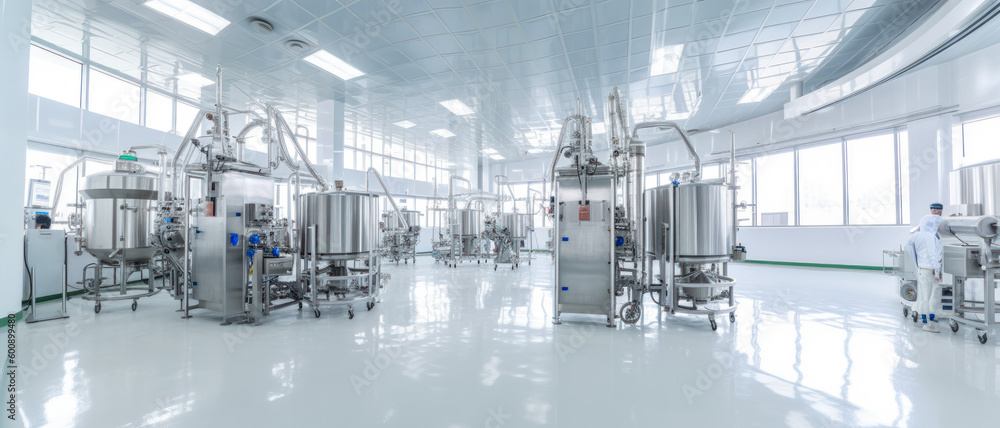 Large brightly lit hall with metal tanks and lab equipment - inside of ...