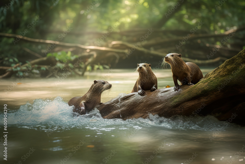 Cute playful seal swimming in blue water. A family of otters playing in a river. Giant river ...