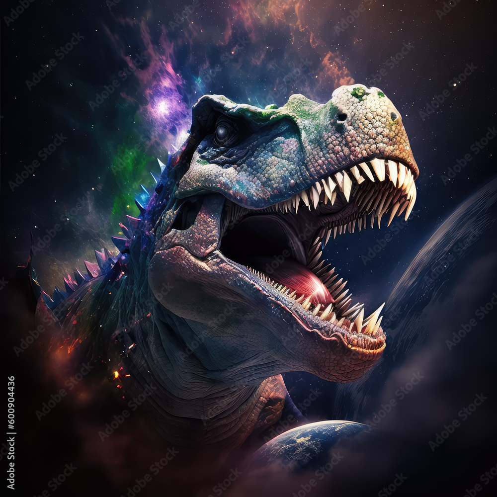 Tyrannosaurus Rex, T-Rex in space. Theropod dinosaur face lived in the ...