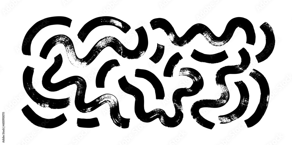 Black paint curly brush strokes with curved dashes. Chaotic squiggles ...
