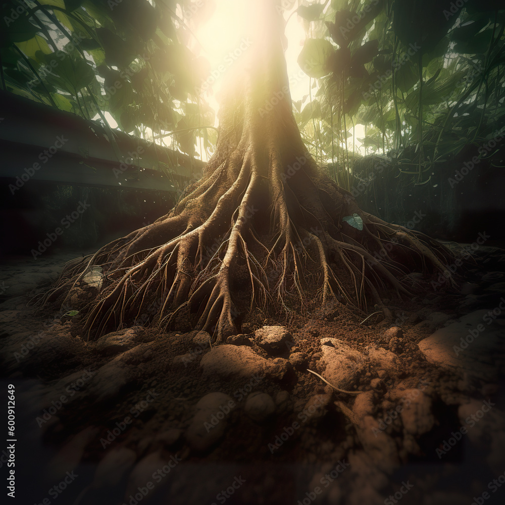 Roots of plant growing underground. A plant and its roots in the ground ...