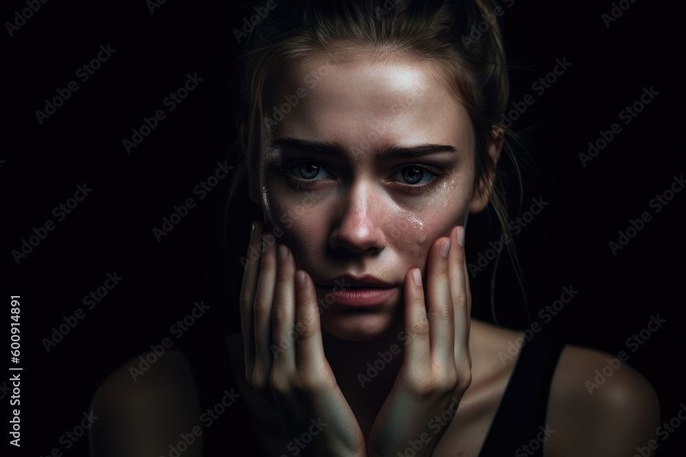 Portrait of a woman looking ashamed, wiping tears from her eyes, set ...