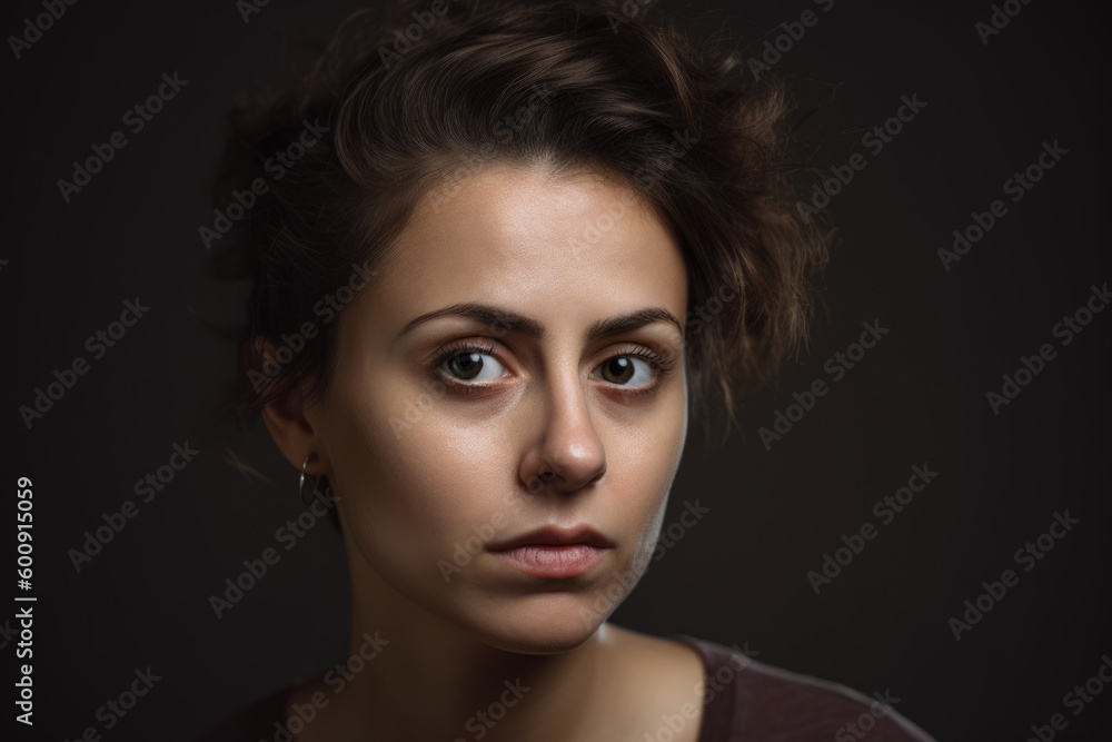 Portrait of a woman with a puzzled expression on her face, raising one ...