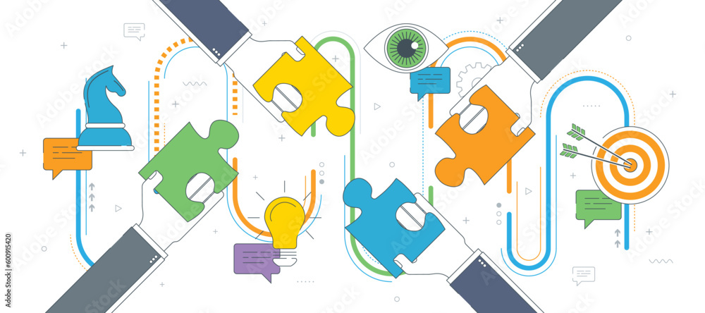 Hands holding puzzle pieces and and message icons with feedback texts ...