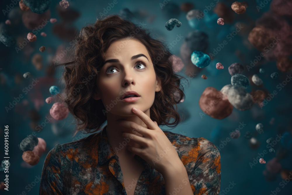 Artistic portrait of a woman with a bewildered expression, surrounded ...