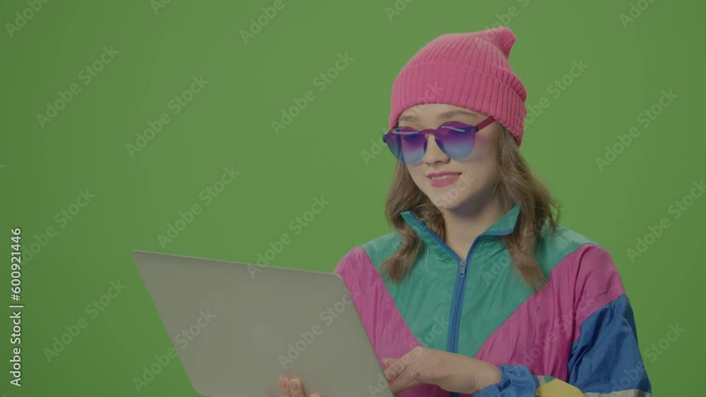 Green Screen. Extremely Happy, Satisfied Shocked Girl of '80-'90s Style ...