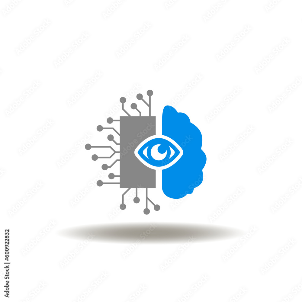 Vector illustration of microchip and brain with eye. Icon of AI control ...