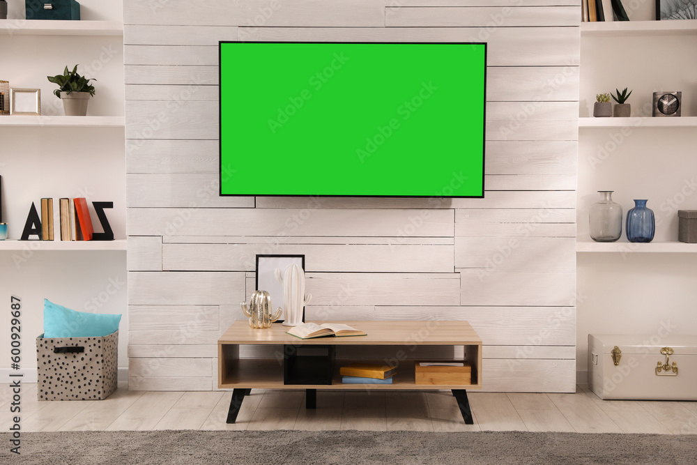 Chroma key compositing. TV with mockup green screen in room. Mockup for ...