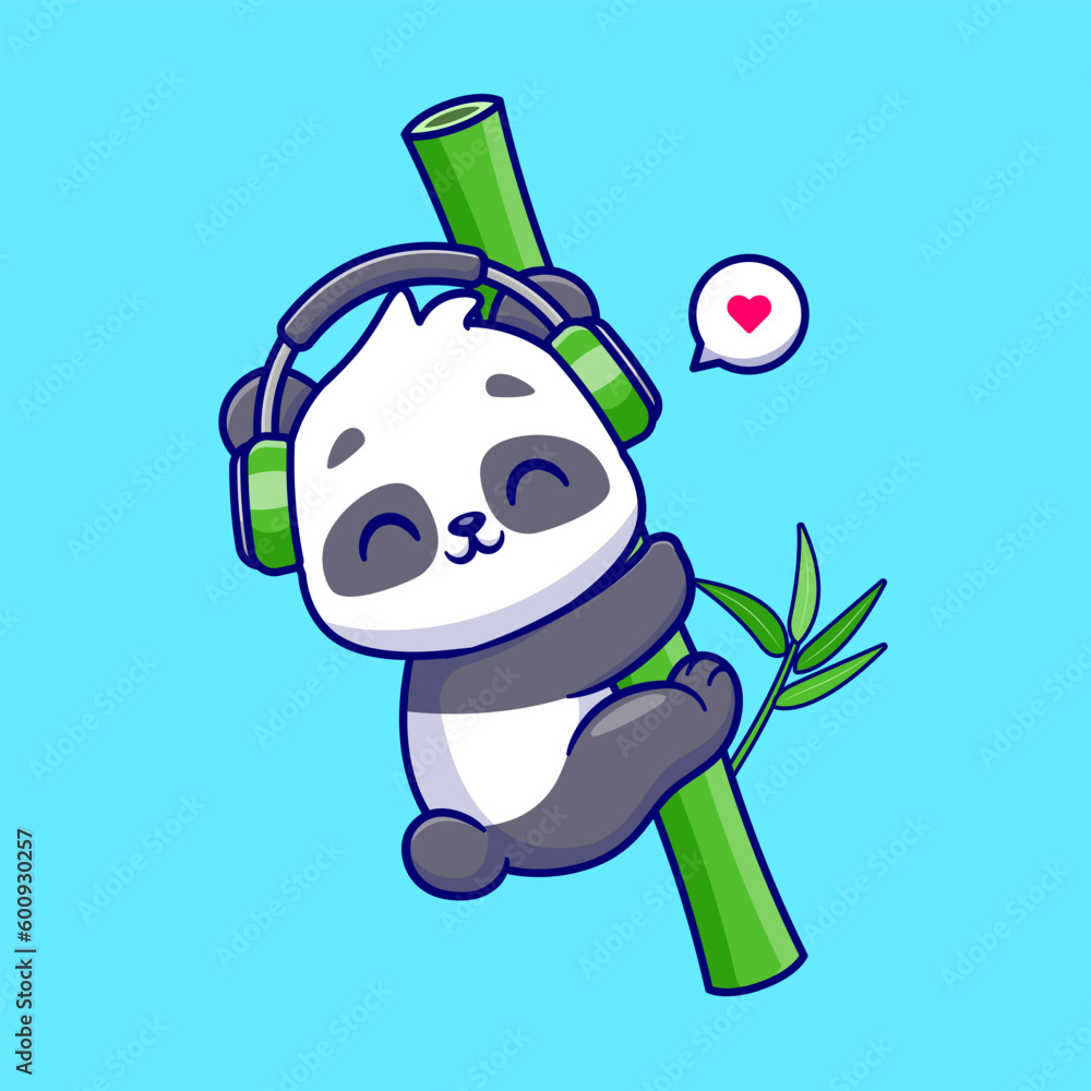 Cute Panda Hug Bamboo With Headphone Cartoon Vector Icon Illustration