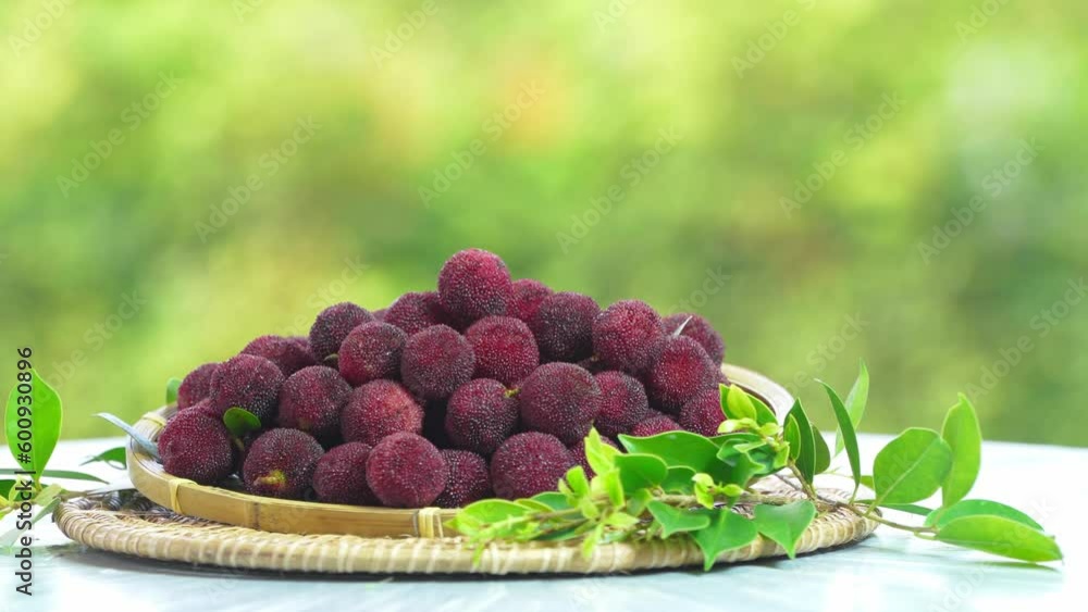 Arbutus berries Fruit or Red Yangmei in the basket under sunlight on ...