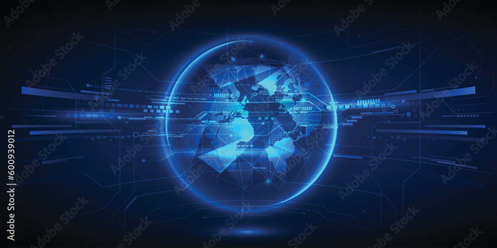 Vector illustrations of glowing hi tech globe with futuristic digital ...