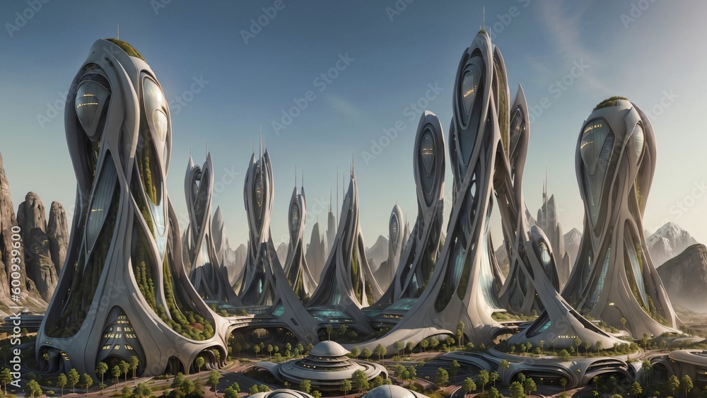 Landscape of a sci-fi futuristic alien-city in nature at dusk ...