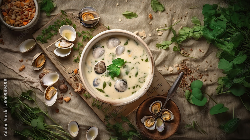 Clam chowder in a bowl, rich and creamy soup, bursting with the ...
