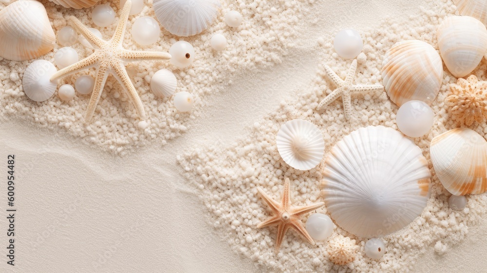 Seashells on sand background. Life style, well-being, mental balance ...