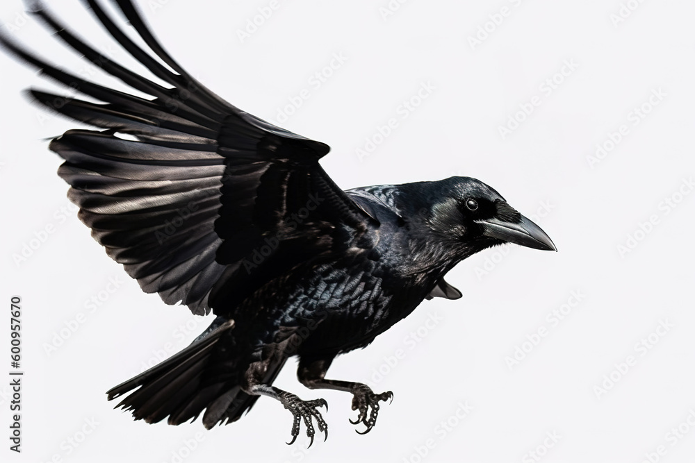 Image of a crow is flapping its wings on a white background. Wild ...