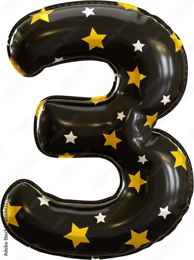 3D Render Black Number 3 Three Alphabet Ballon With Star Pattern Stock ...
