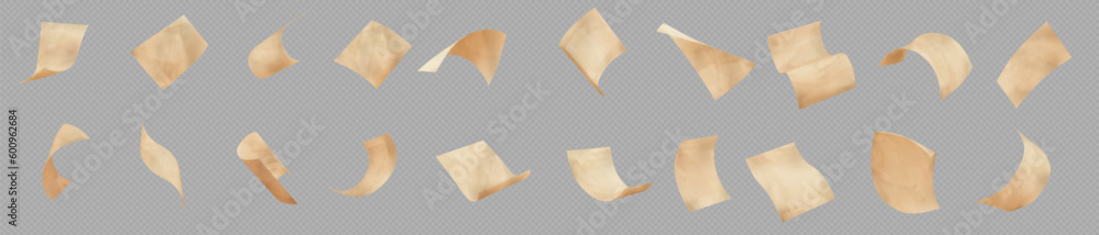 Realistic animation set of craft paper sheet falling down isolated on ...
