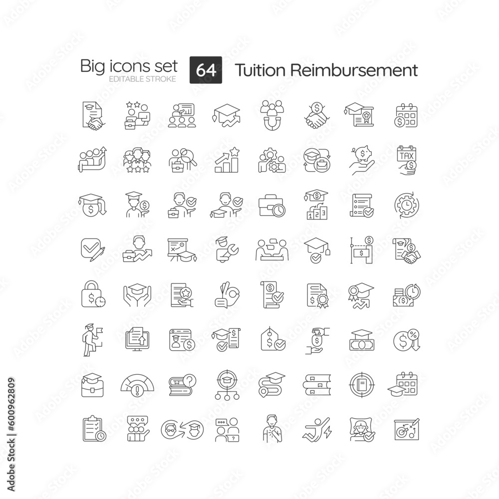 Tuition reimbursement linear icons set. Financial assistance. Employee ...