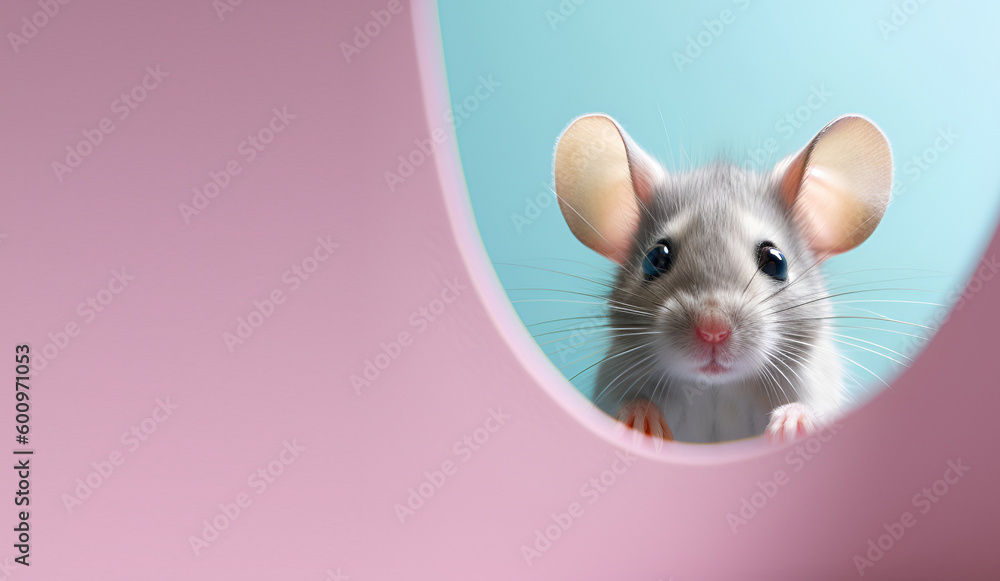 Creative animal concept. Mouse rodent peeking over pastel bright ...