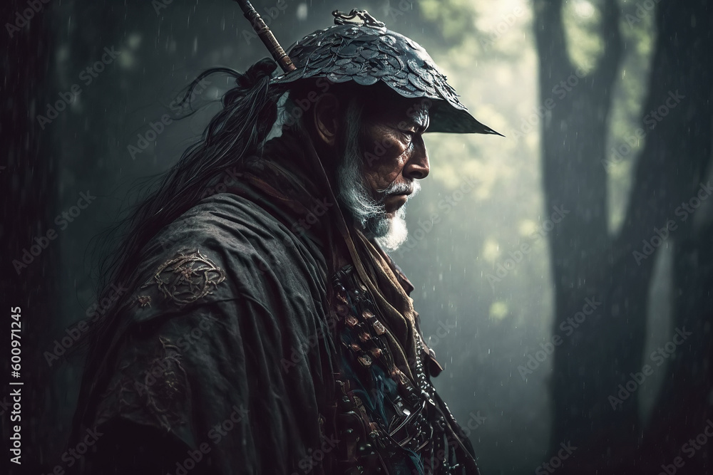 portrait of old samurai warrior in traditional Japanese armor in forest ...