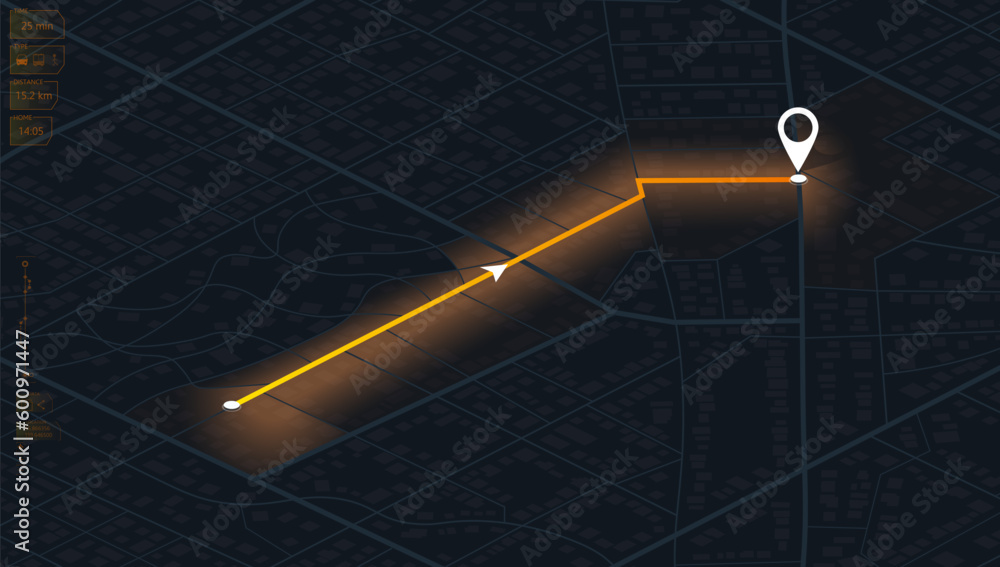 Route dashboard with city map navigation interface.. Isometric map ...