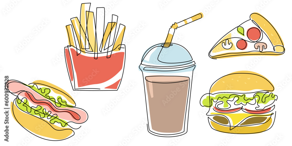 One continuous line drawing of fast food: burger, hot dog, milkshake ...