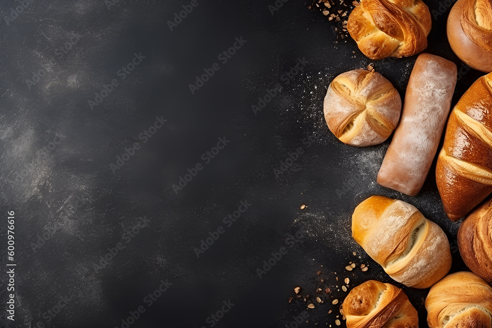 Bread, buns and bread rolls on black background, assortment of ...