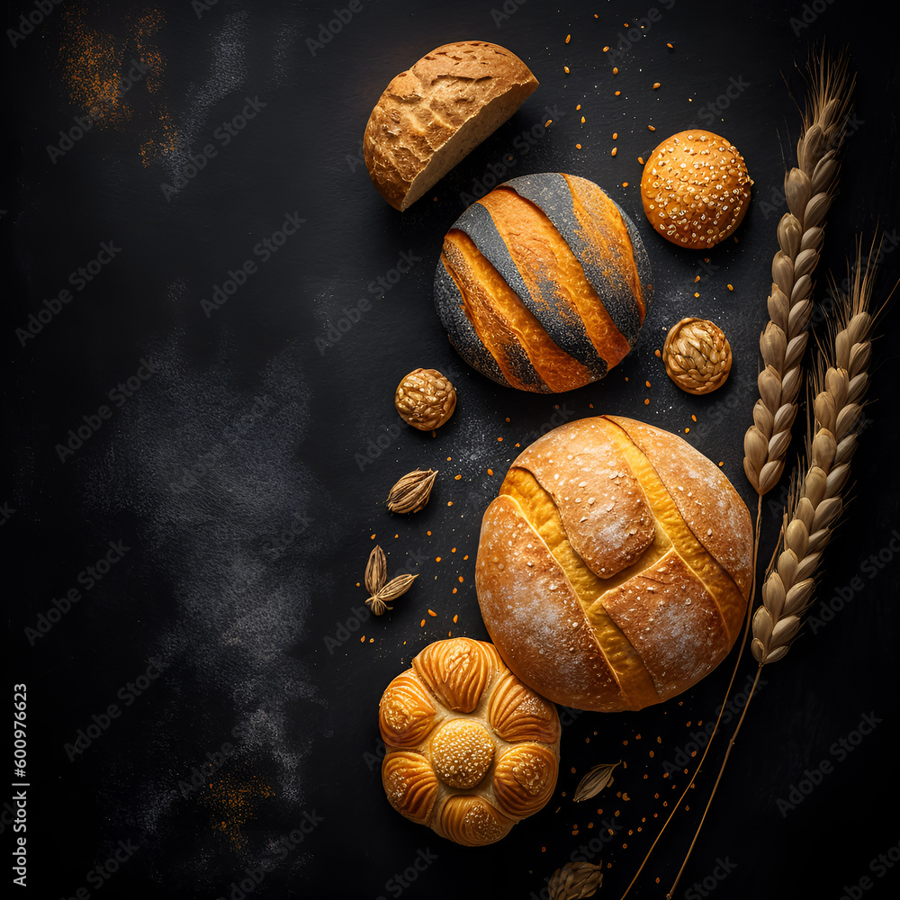 Breads buns, pastries and wheat ears on dark black background ...
