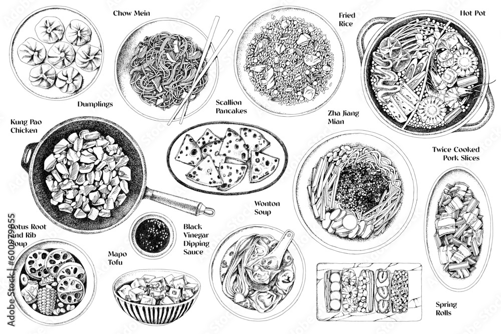 Assorted Chinese food set. Top view. Monochrome Stock Vector | Adobe Stock