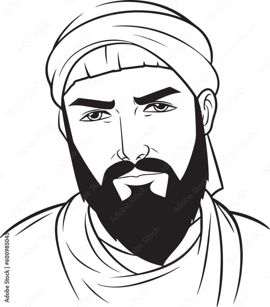 Arabic man head in cartoon style, anime man head, coloring page, vector ...