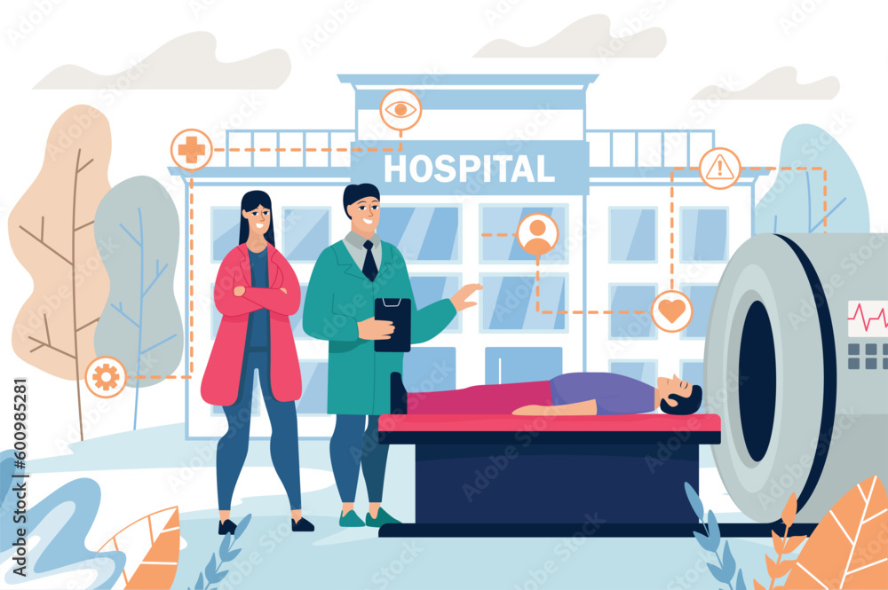 MRI room medicine concept with people scene in the flat cartoon style ...